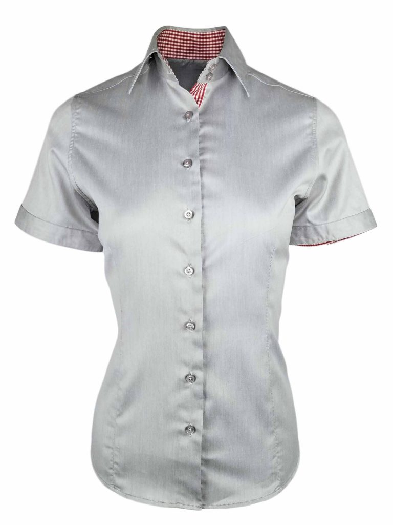 Women's Grey with Red Check Contrast Shirt - Short Sleeve - Uniform Edit
